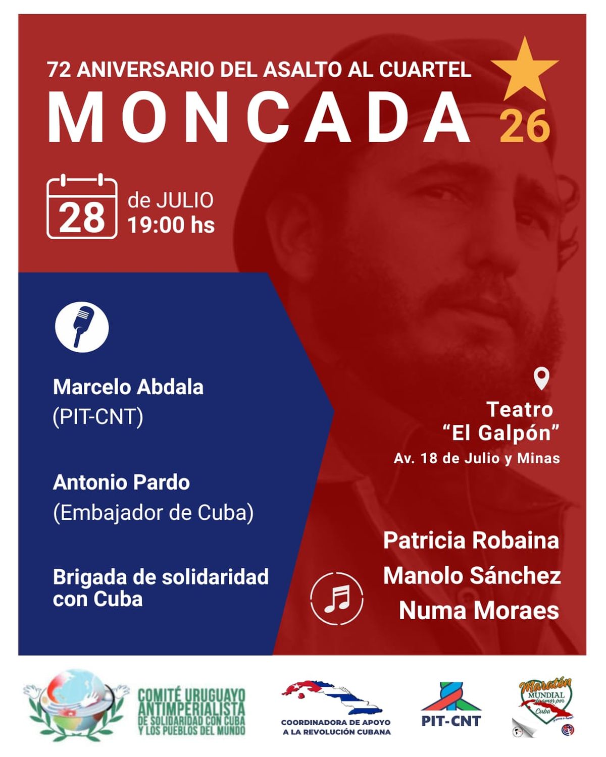 Uruguay conmemora el 72° aniversario del asalto al Cuartel Moncada con acto en El Galpón